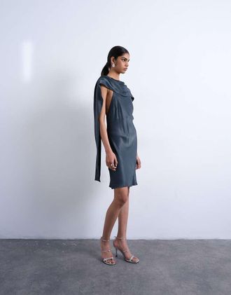 Topshop Minikleid aus Satin in Marineblau mit Schaldesign am Ausschnitt