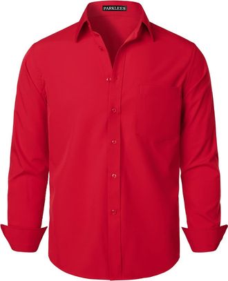 PARKLEES Herrenhemd, normale Passform, einfarbig, knitterfrei, lang&auml;rmelig, l&auml;ssige Gesch&auml;ftshemden mit Knopfleiste und Tasche, Feuerrot, 3XL