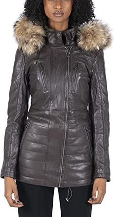 TruClothing Parka pour Femme Veste en Cuir v&eacute;ritable Longueur 3/4 avec Capuche fourr&eacute;e Coupe ajust&eacute;e en Marron ou Gris - Marron XXL