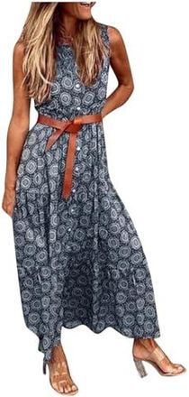 Generic Robe d&eacute;t&eacute; 2026 boh&egrave;me &agrave; imprim&eacute; floral pour femme, robe longue d&eacute;contract&eacute;e &agrave; col rond (sans ceinture), bleu, XXL