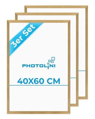 Photolini Cadres 40x60 dor&eacute; bois MDF, cadre 40x60 lot de 3 pour poster et affiches, cadre 40 x 60 verre acrylique incassable, cadre photo 60x40 &agrave; suspendre, ave