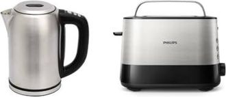 Amazon Basics 1.7L Edelstahlwasserkocher mit Digitalanzeige8 + Philips Toaster - 2 Toastschlitze, 7 Stufen, Brötchenaufsatz, Auftaufunktion
