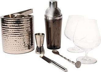 Bar Craft Bundle aus BarCraft Gin-Gläsern, Cocktail-Shaker, Muddler-Löffel, doppeltem Barmaß, Barmesser und Rezepten + Edelstahleiskübel mit Deckel und Zange, 1