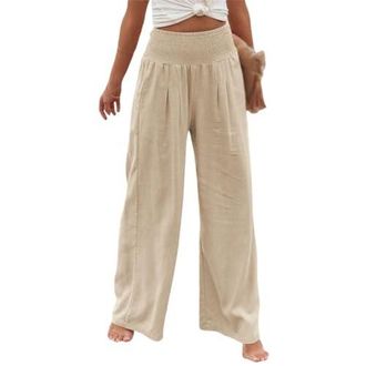Generic Pantalon Palazzo &agrave; taille smock&eacute;e pour femmes, jambes larges, tenue d&eacute;t&eacute; fluide pour la plage, le salon de plage, les voyages et les vacances, ecru, 3