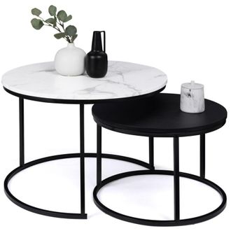 IDMarket Idmarket - Set aus 2 runden alaska Couchtischen 54/70 mit Marmor- und Schwarzeffekt und Metallbeinen