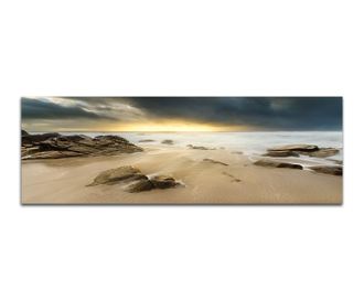 Paul Sinus Art Panoramabild auf Leinwand und Keilrahmen 150x50cm Strand Meer Steine Dunst Sonnenuntergang
