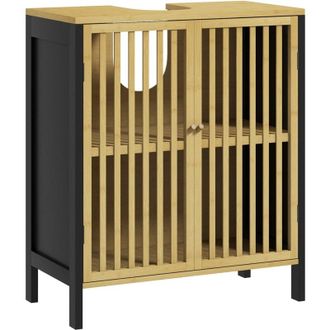 HOMCOM Homcom - Meuble sous vasque 60L MDF noir - 2 portes en bambou verni - &Eacute;tag&egrave;re r&eacute;glable 3 niveaux - Charge max 30 kg