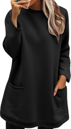 Generic Pull de couleur unie pour femme avec poches, doublure en polaire de couleur unie, sweatshirts sans capuche, grande taille, coupe ample, manches longue