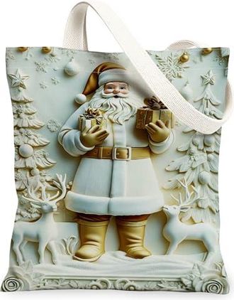 Generic Sacs fourre-tout en toile motif P&egrave;re No&euml;l - R&eacute;utilisables - L&eacute;gers et lavables - Bandouli&egrave;re en toile, blanc, 13x15 Inch