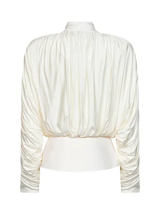 Self Portrait Womens Gathered Tie Neck Jersey Top Ivory Viscose Tops