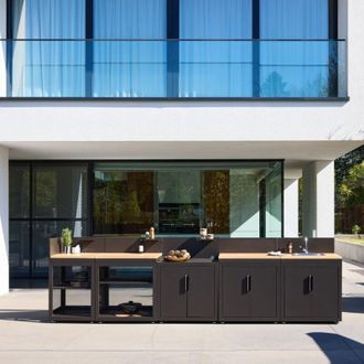 Sweeek Cuisine dext&eacute;rieur 5 modules acier et d&eacute;cor bois noir - Milos