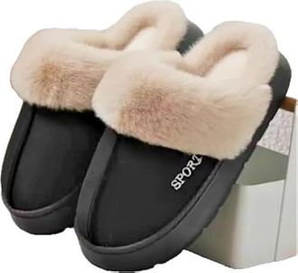 Generico Chaussons dhiver pour femme avec fourrure, chaussures de maison chaudes pour int&eacute;rieur et ext&eacute;rieur, noir