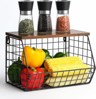 Relaxdays Obstkorb Wandregal, Ablagebrett, K&uuml;chenorganizer, HBT: 22x30x20 cm, Gitterkorb Metall, schwarz/Dunkelbraun