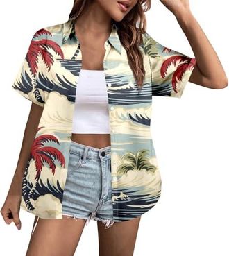 Generic Chemise hawa&iuml;enne tropicale &agrave; manches courtes boutonn&eacute;e pour femme - Chemise d&eacute;t&eacute; des Cara&iuml;bes tendance hawa&iuml;enne - Motif palmier hawa&iuml;en - Style d&eacute;co