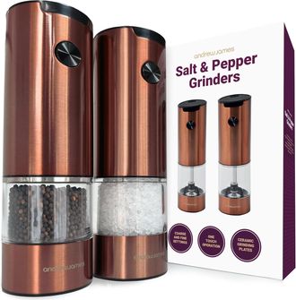 Andrew James Andrew James Salz- und Pfeffermühlen-Set, elektrisches Mahlwerk, Edelstahl, beleuchteter Spender, verstellbare Grobheit, Keramikklingen, One-Touch-Bed