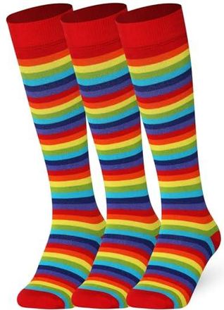 MySocks 3 Paare Unise Kniestr&uuml;mpfe lange Socken Streifen Regenbogen d&uuml;nn