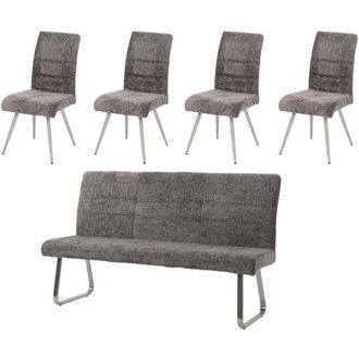 Hhg Esszimmer-Set 221, 4er-Set Stuhl + Sitzbank 180cm, Edelstahl geb&uuml;rstet Stoff/Textil Chenille dunkelgrau