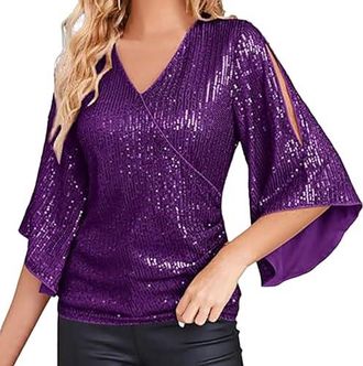 Generic Chemisier &agrave; paillettes avec col en V et manches &eacute;vas&eacute;es - Haut &eacute;l&eacute;gant pour f&ecirc;te, soir&eacute;e, soir&eacute;e - Chemise habill&eacute;e d&eacute;contract&eacute;e, violet, S
