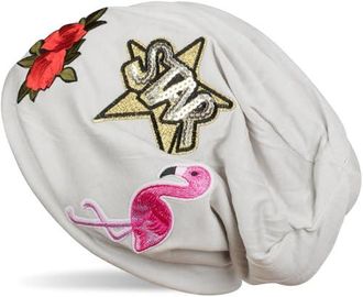 styleBREAKER Bonnet Beanie avec pi&egrave;ces Cousues, Roses, &eacute;toiles &agrave; Paillettes, Beanie Mou, Unisexe 04024114, Couleur:Gris Clair