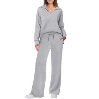 Generic Ensemble de voyage deux pi&egrave;ces, tenue d&eacute;contract&eacute;e &agrave; manches longues, haut polo et pantalon &agrave; jambes larges, ensembles assortis, gris clair, 3XL