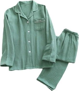 Generic Pyjama deux pi&egrave;ces uni &agrave; manches longues pour femme, ensemble de gaze en coton double couche, v&ecirc;tements de nuit, Femmes En8, M