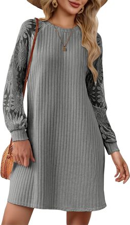 Generic Cowyams Strickkleid Damen Mittellanges Pulloverkleid Mit &Auml;rmeln aus Spitze Elegant Intellektuell Winterkleid Knielang Pullikleid Einfarbig Midikleid W