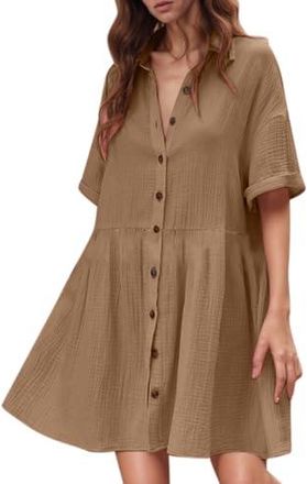 Generic Robe nuisette &agrave; manches courtes pour femme - Robe d&eacute;t&eacute; boutonn&eacute;e avec poches - Robe d&eacute;t&eacute; boh&egrave;me pour la plage, les vacances - Essentiels de vacances p