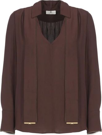 Elisabetta Franchi Femme, Blouses et Chemises, Brun, Taille: 40 FR Blouse en Georgette de Viscose avec Ceinture &agrave; Nouer