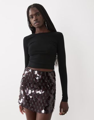 Asos mini-jupe &agrave; superpositions de sequins couleur chocolat-Marron
