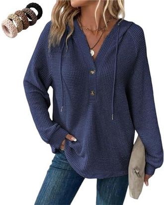 Generic Haut en tricot gaufr&eacute; pour femme avec col en V et manches longues, pull surdimensionn&eacute; boutonn&eacute; avec cordon de serrage pour lautomne 2026, bleu marine