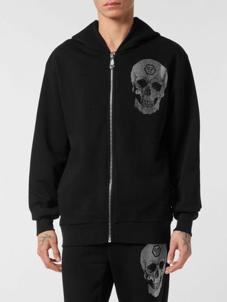 Philipp Plein Sweat &agrave; capuche zipp&eacute; en jersey avec t&ecirc;te de mort et strass