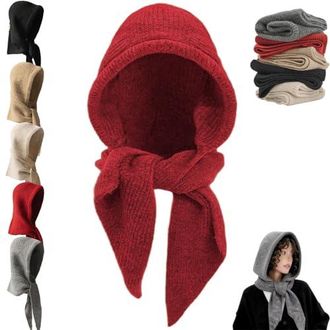 Generic Bonnet en tricot embelli, &eacute;charpe &agrave; capuche 2 en 1 pour femme, &eacute;charpe dhiver tricot&eacute;e &agrave; capuche pour femme, Rouge, Taille unique