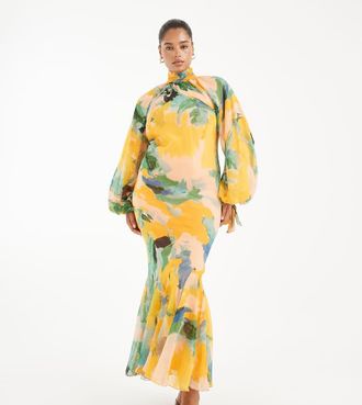 Asos Curve ASOS DESIGN Curve - Robe longue &agrave; col montant et ourlet &agrave; godets - Vert fleuri-Multi