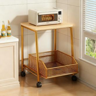Generic Kompakter Mikrowellenwagen Mit Aufbewahrungskorb & Rollen - Mobiler K&uuml;chenwagen, 2-st&ouml;ckiger Servierwagen Mit Holzplatte Und Schublade - Stilvoller Au