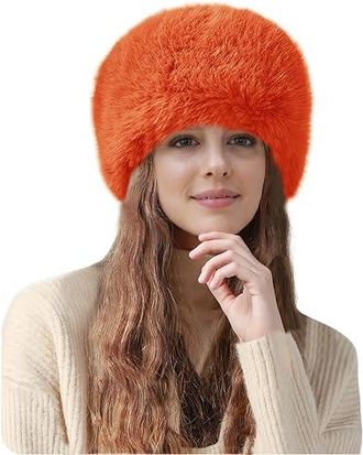 Lina & Lily Chapeau Femme Hiver en Fausse Fourrure, Bonnet Toque de Style Russe (Orange)