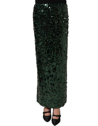 Dolce & Gabbana Womens Green Sequin High Waist Pencil Cut Midi Skirt Nylon