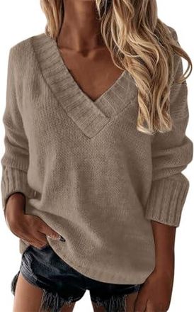 Generic Pull Femme Col V- Pull Chaud Tricot D&eacute;contract&eacute; Coupe Ample Manche Longue Vintage Couleur Unie Sweater Chic Et &Eacute;l&eacute;gants Confortable Temp&eacute;rament Passe-