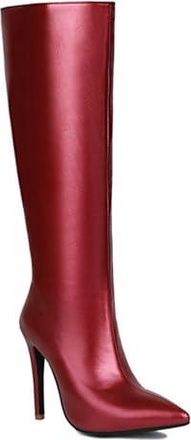 Generic Rouge,44 EU,Bottes Hautes pour Femmes, Bout Pointu, Talons Aiguilles, à Enfiler, Mollet Large, Bottes Hautes en Cuir PU, Bottes déquitation Longues, C