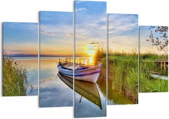 Arttor Mehrteilige Bilder auf Leinwand 150x100cm Leinwandbild See Boot Wasser Gro&szlig; XXL Wanddeko Bild Schlafzimmer Set 5 teilige Wandbilder Dekoration Wohnzim