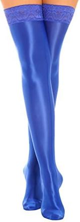 TiaoBug Femme Bas Autofixants Résille Brillant Jarretière Bas pour Porte-jarretelles Hauts de Cuisse Chaussettes Hautes Erotique Lingerie Bleu A Taille unique