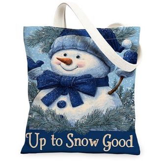 Generic Sac fourre-tout en toile motif bonhomme de neige dhiver, sac &agrave; provisions r&eacute;utilisable, l&eacute;ger et lavable avec bandouli&egrave;re, bleu, 13x15 Inch