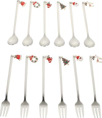 Hemoton 12 St&uuml;ck Weihnachtsbesteck Set, Edelstahl Weihnachtsl&ouml;ffel Weihnachtsgabeln mit Weihnachtsanh&auml;nger, Silber Kaffee Weihnachten L&ouml;ffel Set, Kleine Zuhau