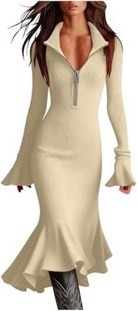 Generic Robe en tricot &agrave; manches cloches et fermeture &eacute;clair quart pour femme - Style queue de poisson moulante &agrave; manches longues, id&eacute;ale pour lautomne, les l