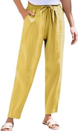 Generic Pantalon long en lin d&eacute;contract&eacute; pour femme avec cordon de serrage - Taille haute - Pantalon de loisirs - Couleur unie - Avec poches - V&ecirc;tement de d&eacute;t