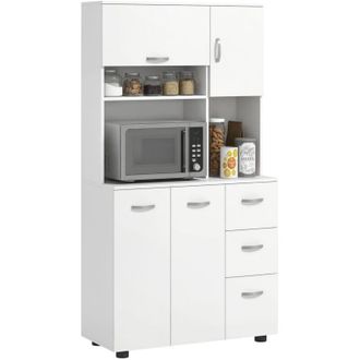 HOMCOM K&uuml;chenschrank Hochschrank mit 3 Offenen F&auml;chern, 4 T&uuml;ren und 3 Schubladen Buffetschrank Vitrinenschrank Mikrowellenschrank mit Verstellbaren Ablagen