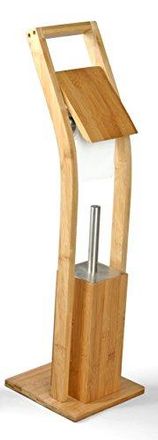 MSV WC Garnitur aus Bambus Toilettenpapierhalter aus Holz mit separatem Kunststoffbehälter Standgarnitur mit Toilettenbürste und Klorollenhalter