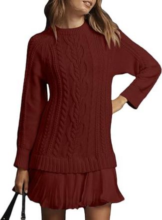 Generic Robe pull en laine tricot&eacute;e torsad&eacute;e pour femme - Mini mousseline de soie - Ourlet &agrave; volants - Manches longues - Col rond - Pour lhiver - Chaud - Pour