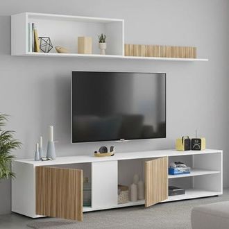 Dmora Wohnzimmerm&ouml;bel Titusville, TV-St&auml;nder, Wohnzimmerm&ouml;bel, Zusammensetzung des Wohnzimmersets, Wohnzimmerset mit Schrankwand, 180 x 33 x 40 cm, Wei&szlig; und