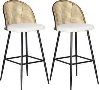 HOMCOM Lot de 2 tabourets de bar hauts de cuisine avec dossier en rotin, assise tapissée en taupe, cadre en acier et repose-pieds pour salle à manger, compto