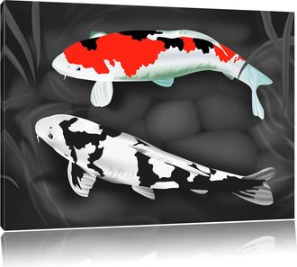 Pixxprint Gezeichnete Koi Karpfen B&W, Größe: 120x80cm, Leinwandbild, fertig gespannt, Wandbild, Dekoration, Kunstdruck, kein Poster
